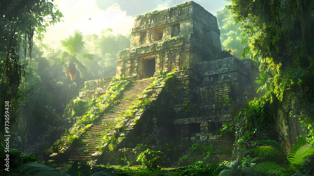 Ancient and overgrown mayan temple ruins in the jungle, lost place in ...