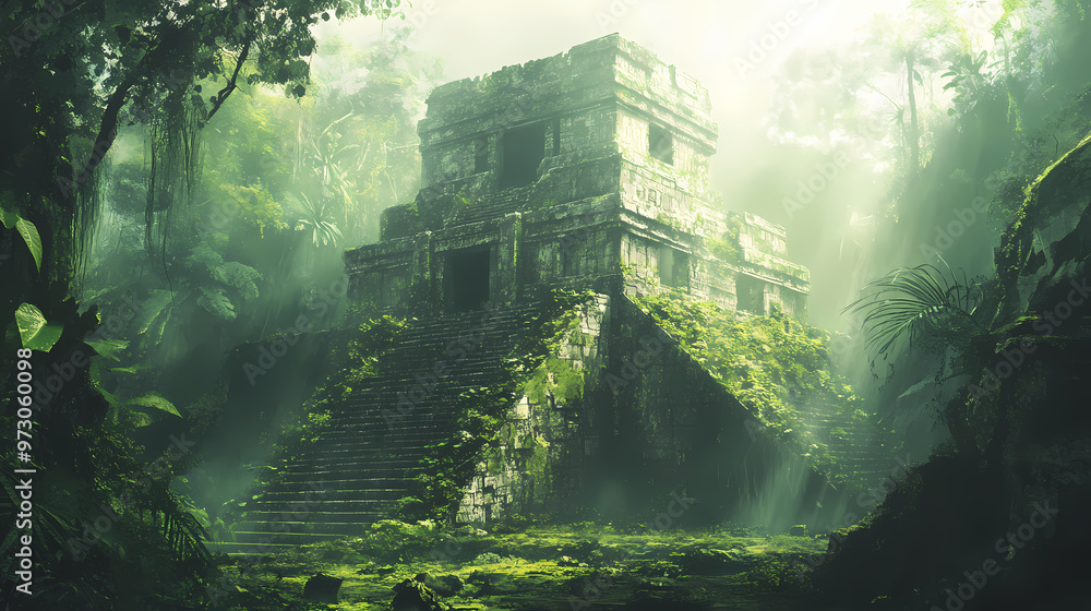 Ancient and overgrown mayan temple ruins in the jungle, lost place in ...