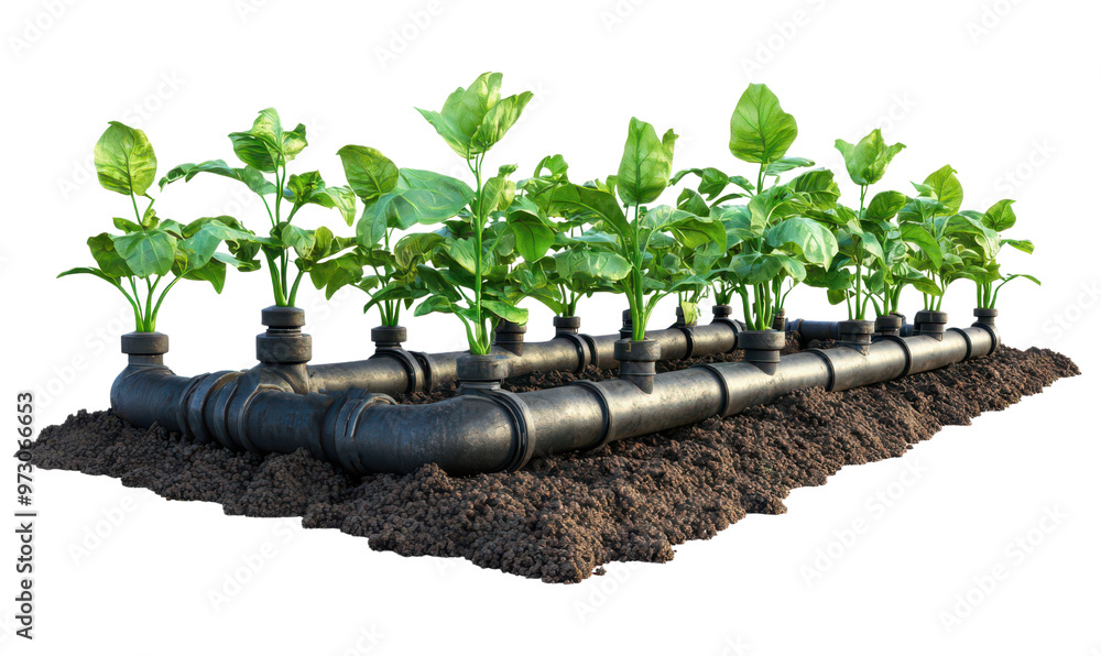 Modern irrigation system with healthy plants thriving in soil isolate ...
