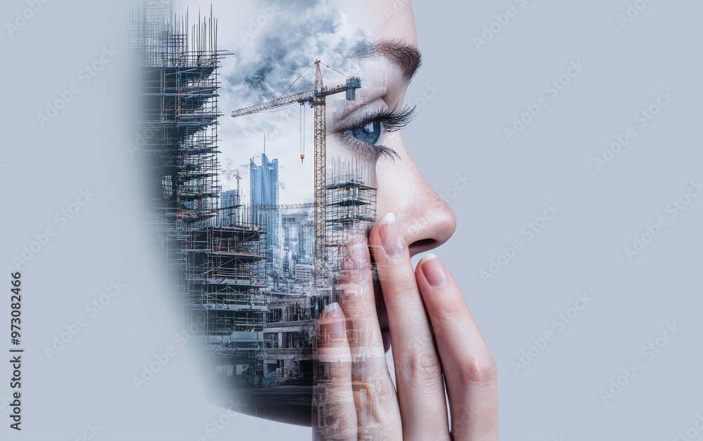 A city skyline under construction, with the layers of scaffolding and ...