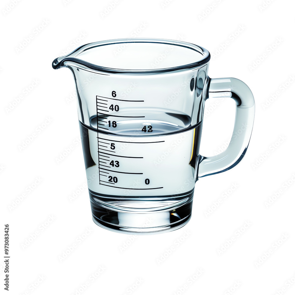 Clear glass measuring cup with handle, half-filled with water ...