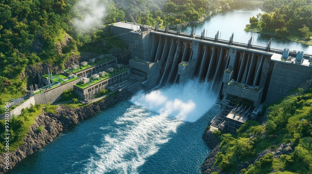 large-scale hydroelectric power station with impressive dam structures ...