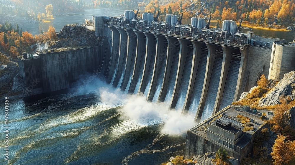 large-scale hydroelectric power station with impressive dam structures ...