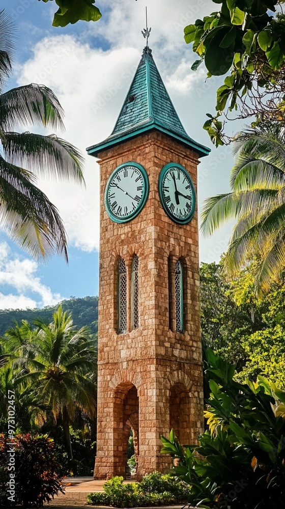 Tropical paradise clock tower stands tall amidst lush palm trees, its ...
