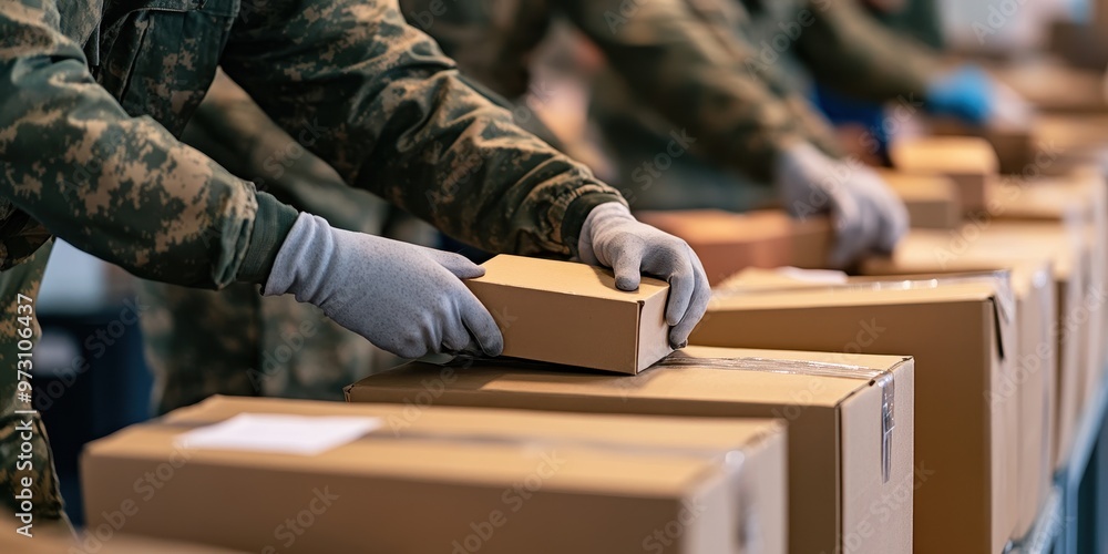 Soldiers packing boxes in a warehouse, showcasing teamwork and ...
