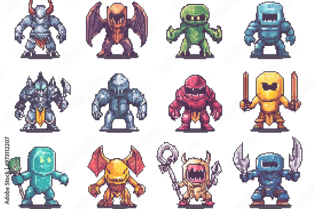 Colorful pixel art characters, game sprites with various designs ...