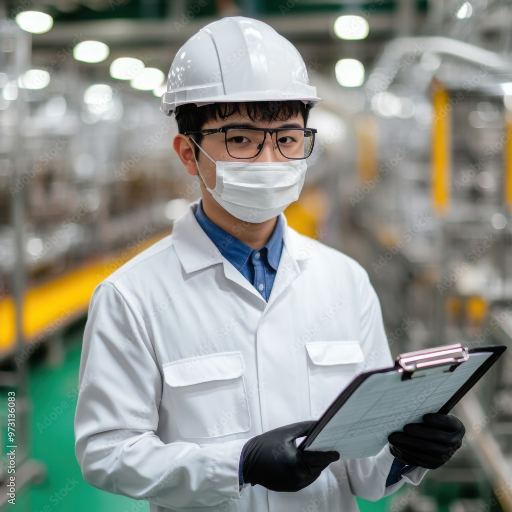 Engineer holding a checklist and marking products on an assembly line ...
