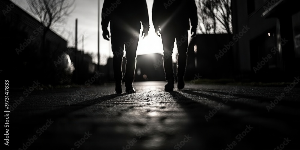 Silhouetted figures cast long shadows on a dimly lit street, low-angle ...