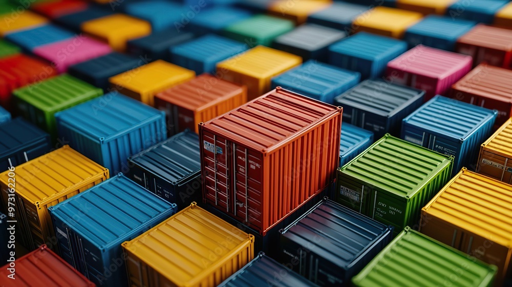 Colorful shipping containers arranged in a grid pattern, with one red ...
