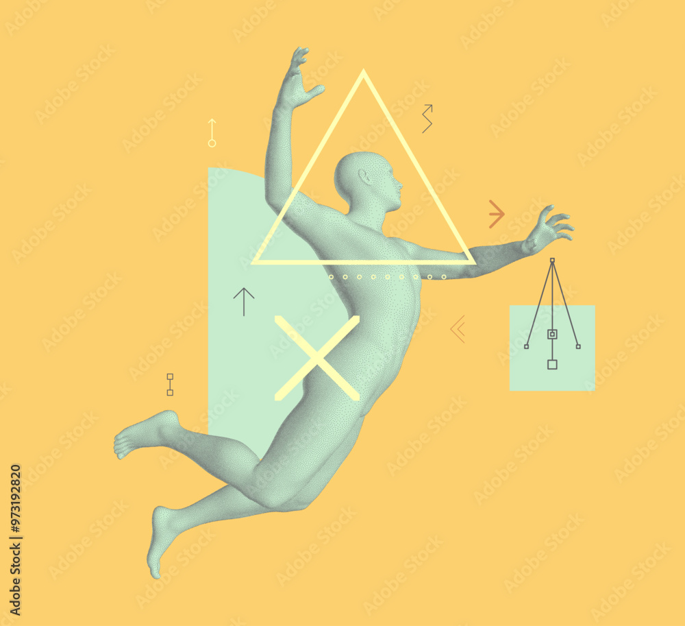 Leadership, freedom or development concept. Jumping man. 3D human body ...