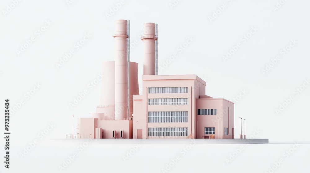 Facade view of a 3D electric power plant icon, rendered in soft colors ...
