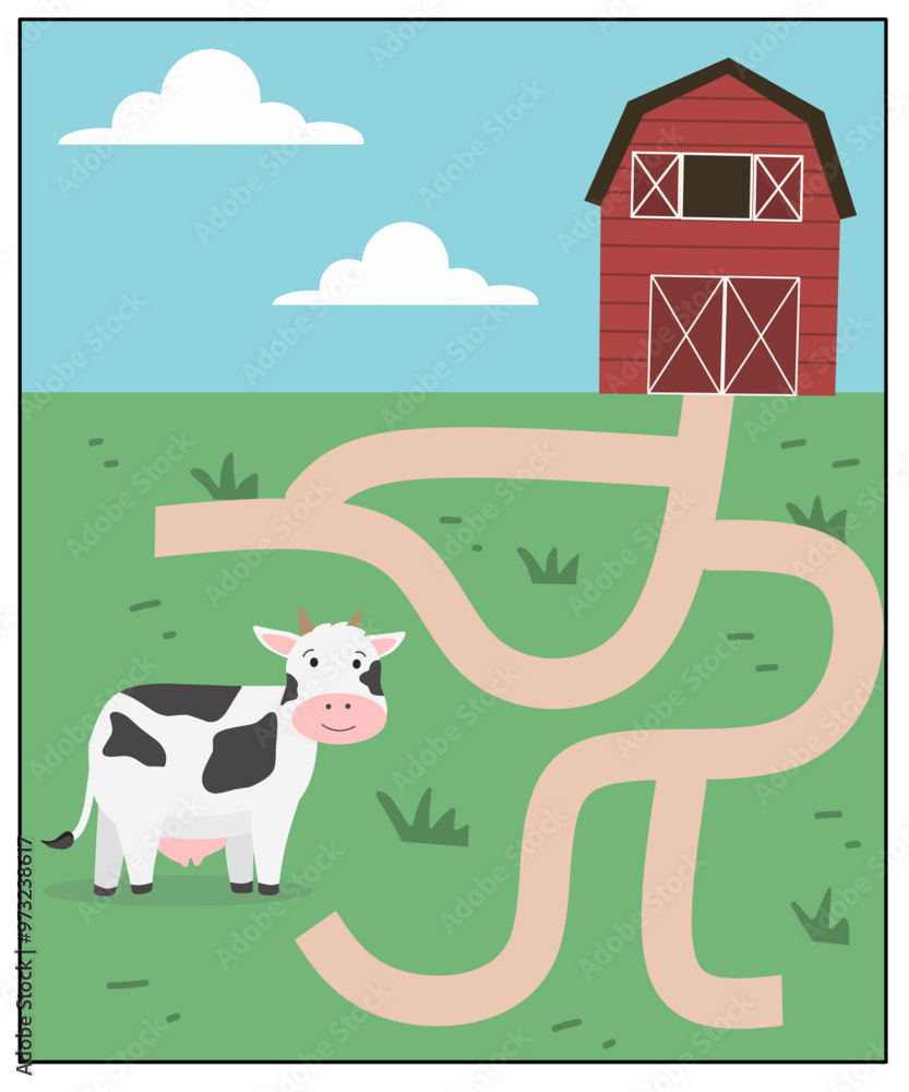 Maze worksheet full color in theme animal farm, cow labyrinth activity ...