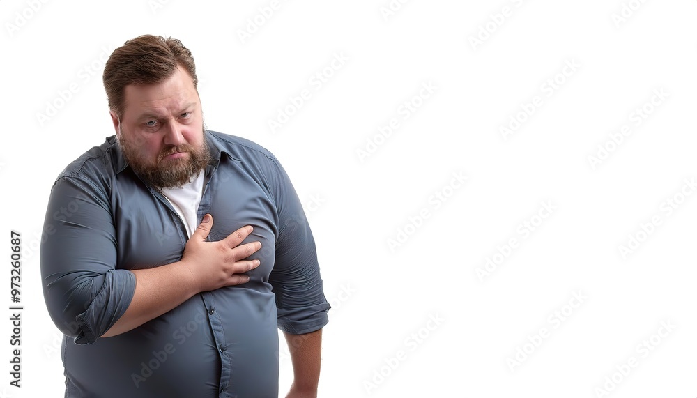 unfit morbidly obese male man grabbing chest pain with coronary or ...