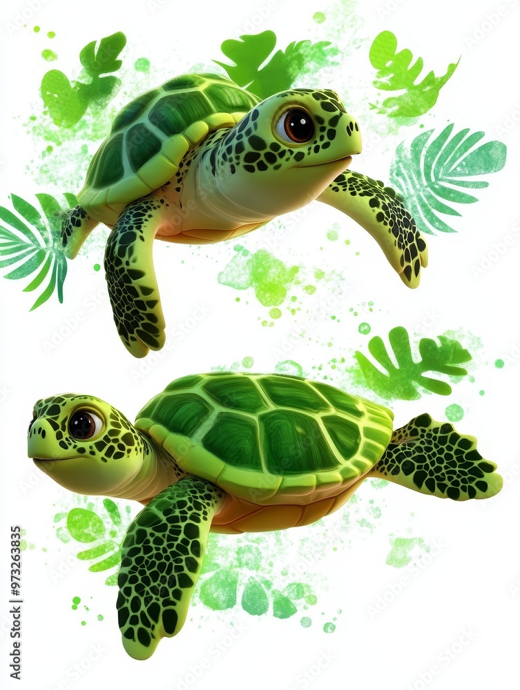 Adorable Cartoon Sea Turtles: A Set of 3D Illustrations, featuring two ...