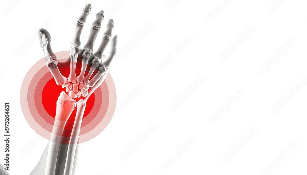 view of hand wrist pain with red heat source to show hurt area. hand ...