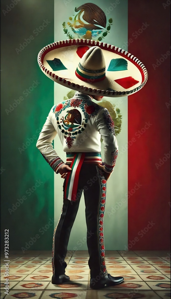 Foto de Stock Charro mexicano de espaldas con traje típico y sombrero. Colores propios de la ...