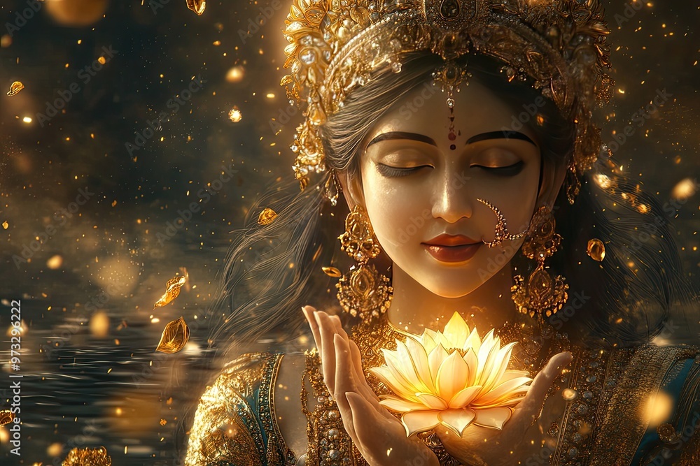 Radiant image of Goddess Lakshmi showering wealth from her palm, with ...