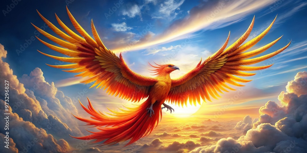 Phoenix Ascending Through Golden Clouds, Digital Art, Mythical Creature ...