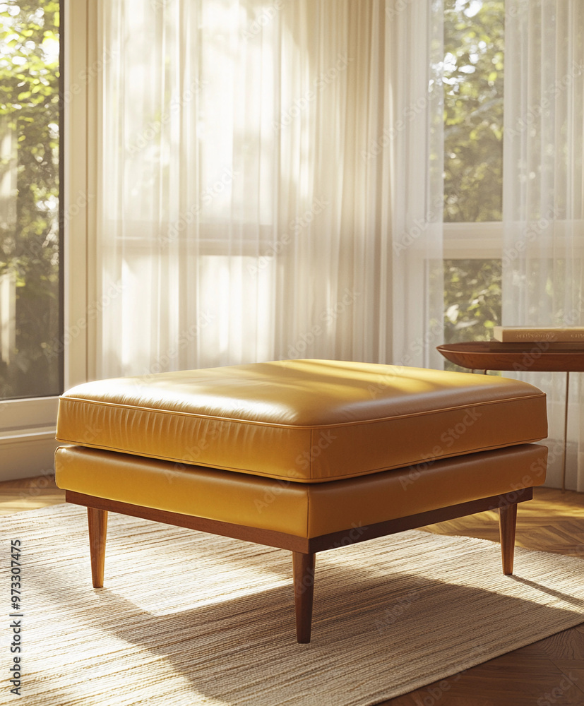 Modern Ottoman in soft mustard yellow leather, minimalist design with ...