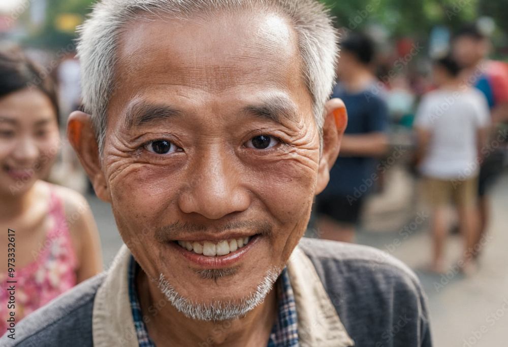 dreamy asian old man with grey, thin hair and beard, daydream, hope and ...