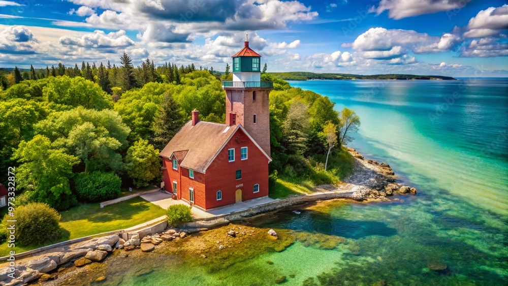 Sandy shores surround historic Pilot Island Lighthouse, its iconic ...