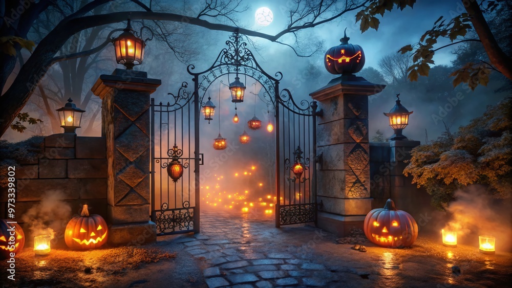 Spooky illuminated entrance gates with eerie fog, cobwebs, and jack-o ...