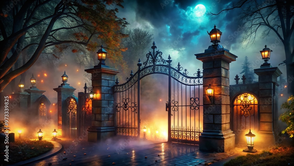 Spooky illuminated gates and eerie fog-shrouded entrance welcome thrill ...