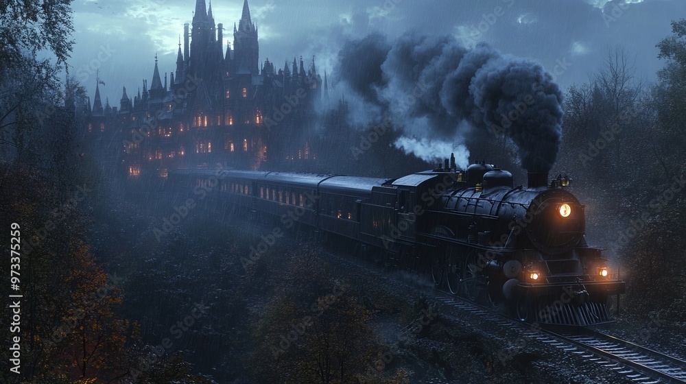 The powerful steam locomotive travels through a misty night with an ...