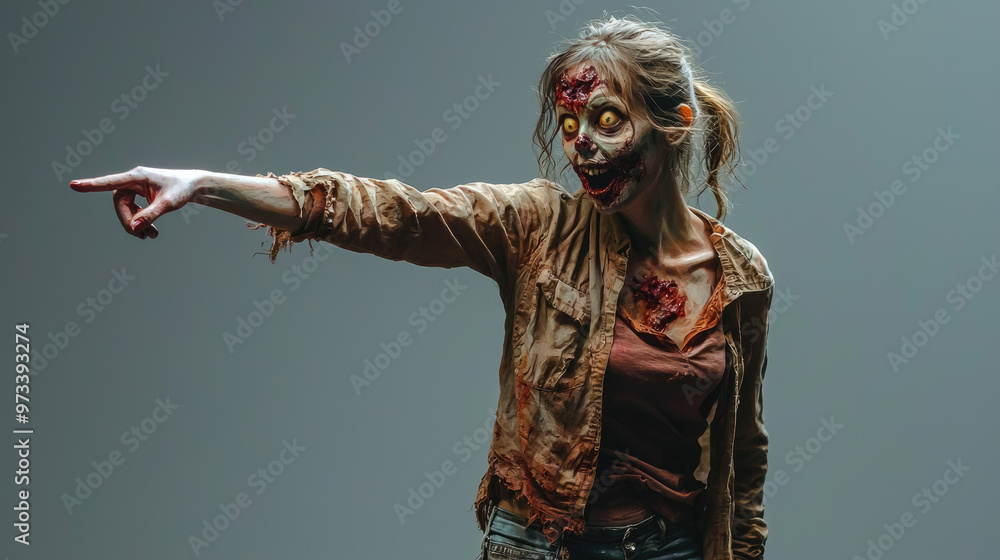 Surprised zombie woman pointing finger to side, happy scary living dead ...