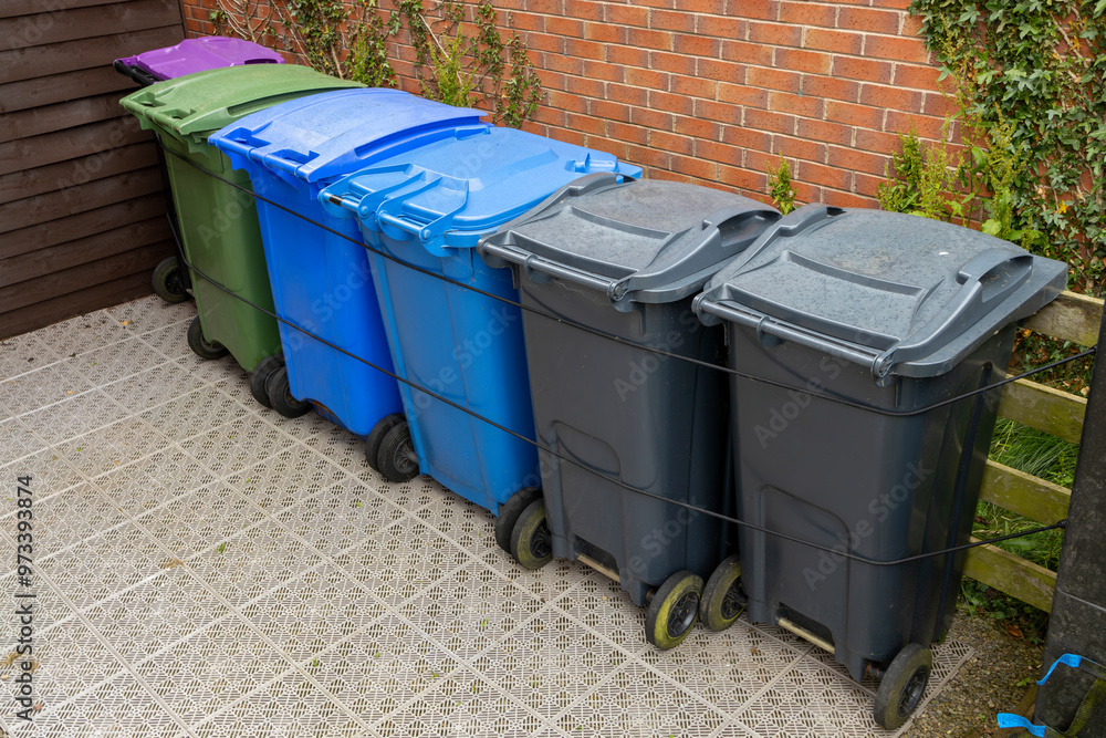 Plastic Waste Recycling Wheelie Bins lined up and secured in a UK ...