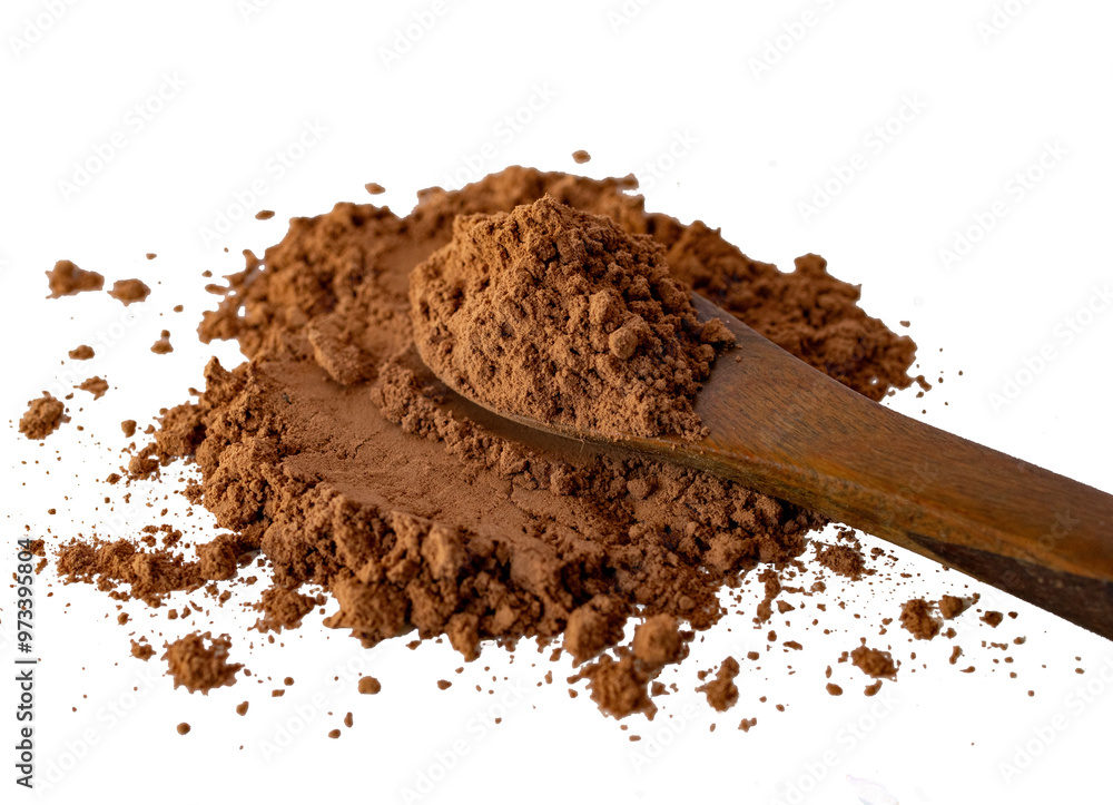 Textured natural cocoa powder .Close-up photo on wooden spoon. Bitter ...