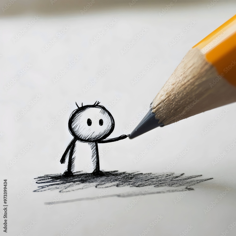 Stick Figure is Trying to Touch the Pencil that Drew it, Paper ...
