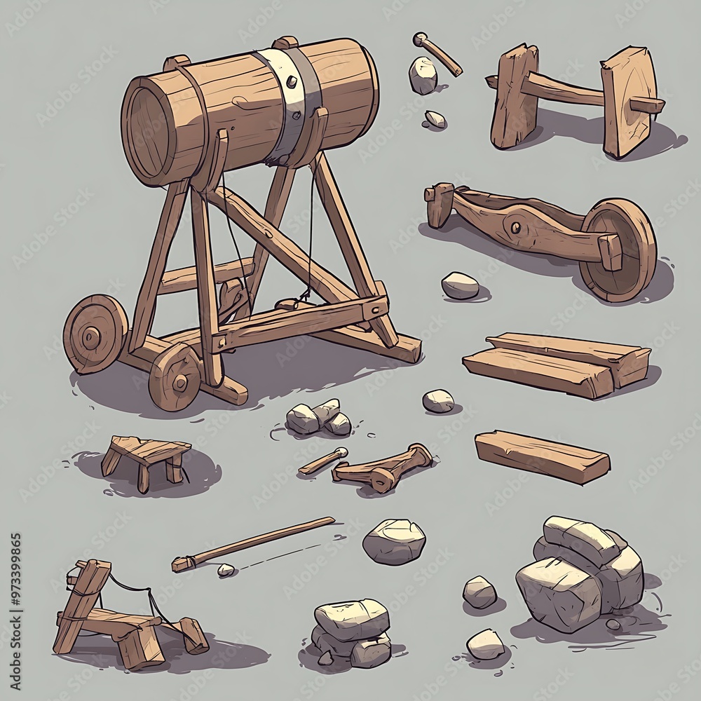 Cartoon Trebuchet with Wooden Construction, Stone Projectiles and Parts ...
