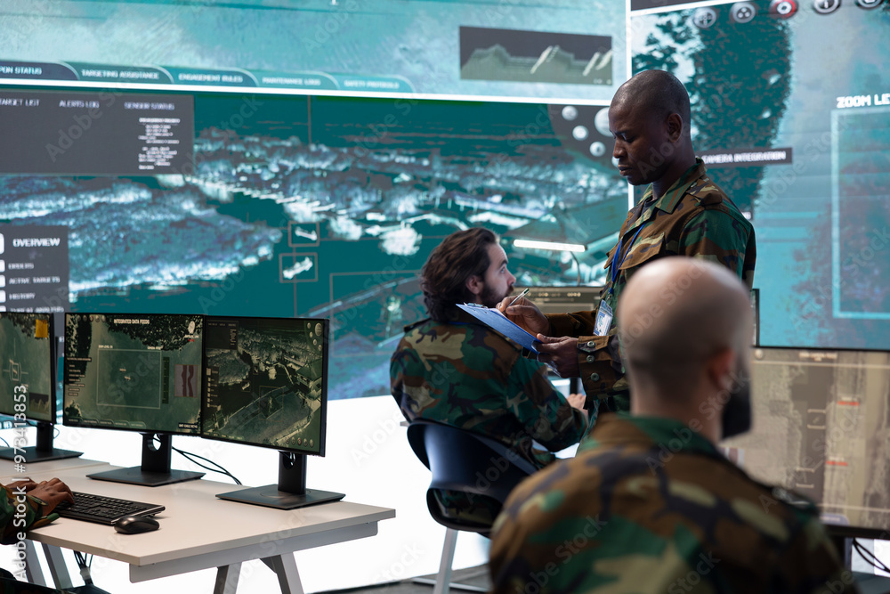 Commander and his squad operating satellite systems via CCTV and radar ...