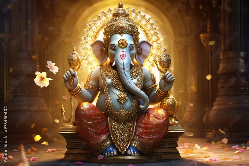 Golden hindu lord Ganesha sculpture on dark blue background. Indian god ...