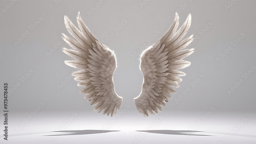 Pair of isolated angel wings with 3D feathers on white background, 3D Illustration, 3D Rendering ...
