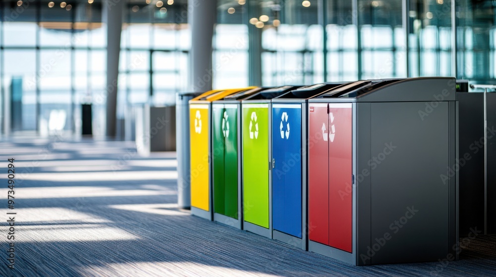 A row of sleek, modern recycling bins in an airport terminal, clearly ...
