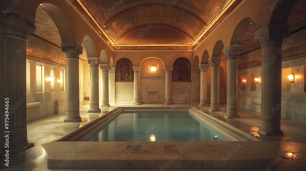 Indoor swimming pool with columns and arched ceiling, Roman bath ...
