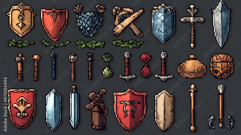 Pixel Art Medieval Weapons and Shields Game Assets Sprite Sheet Stock ...