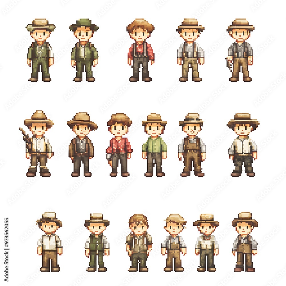 Pixel art sprites of 18 male characters wearing cowboy hats and western ...
