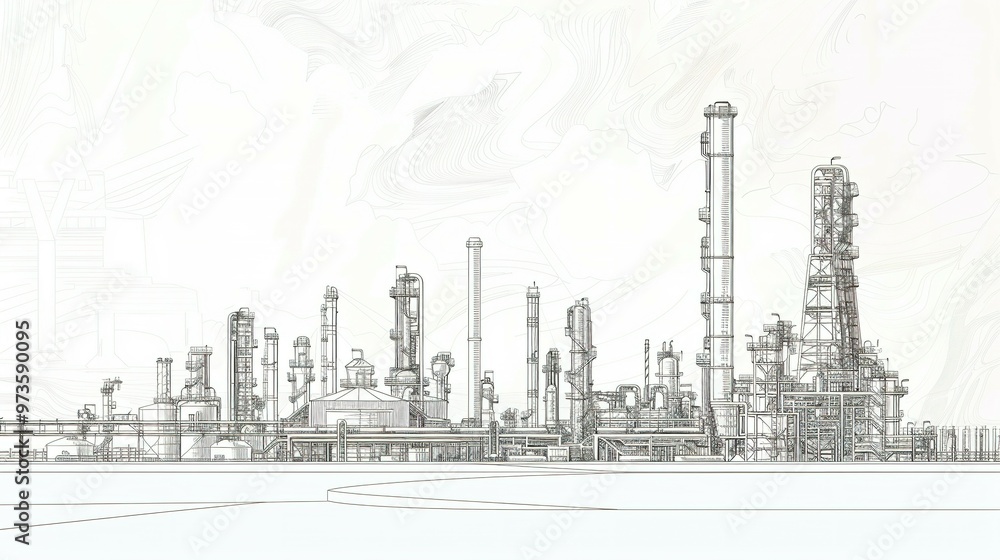 Ilustração Detailed Line Drawing of an Industrial Refinery Complex do ...