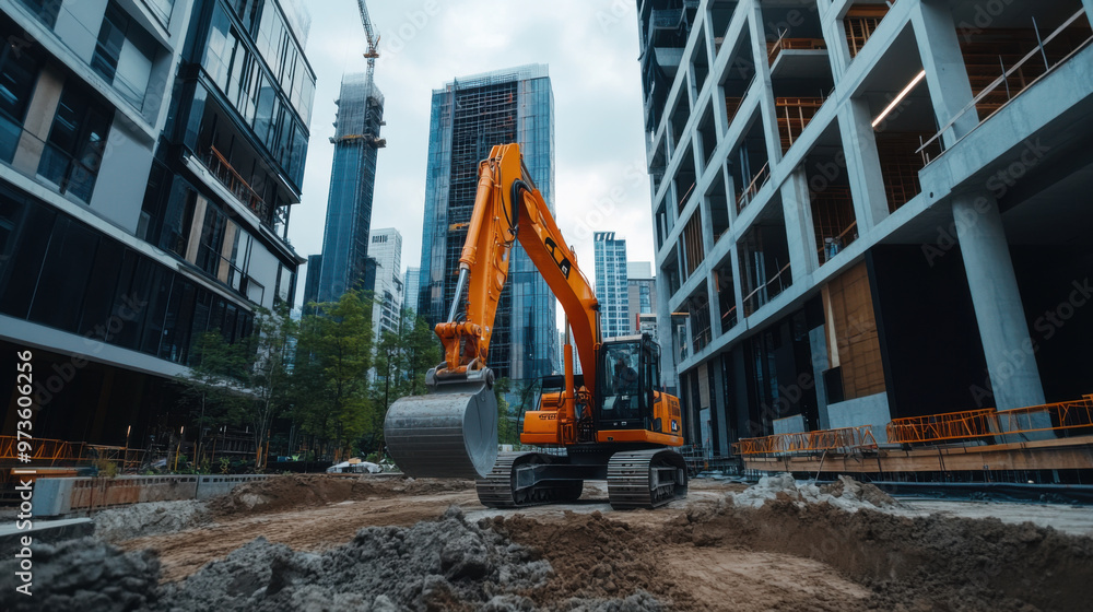 An excavator operates at a city construction site, clearing ground for ...