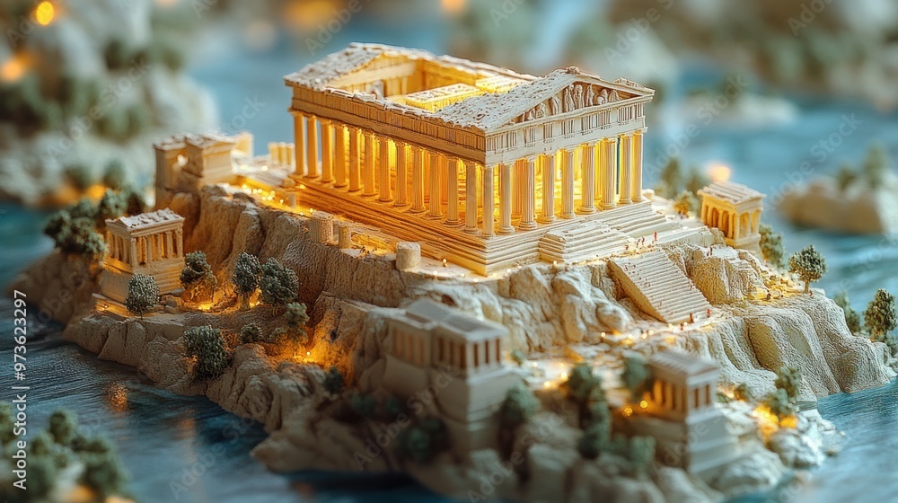 Miniature model of an ancient Greek temple on a cliffside with water in ...