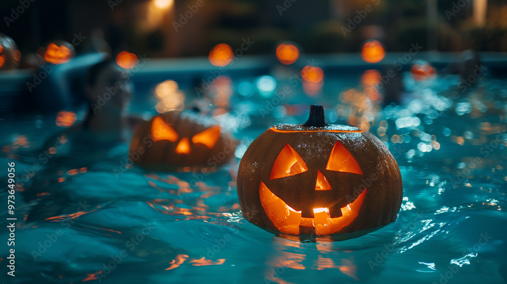 Spooky Swimming Pool Party, children and adults enjoying a Halloween ...