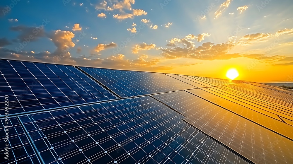 Solar panels making electricity out of sunlight under clear evening sky ...