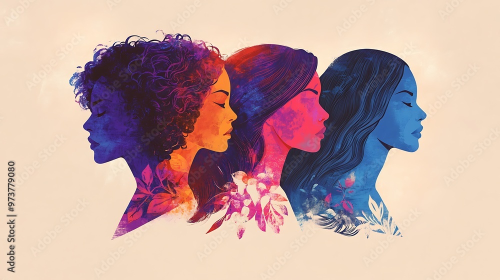 Women's equality artistic illustration banner, different races and skin ...