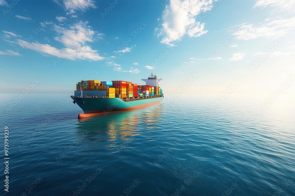 Wind-powered cargo ships transporting goods across a clean, eco ...