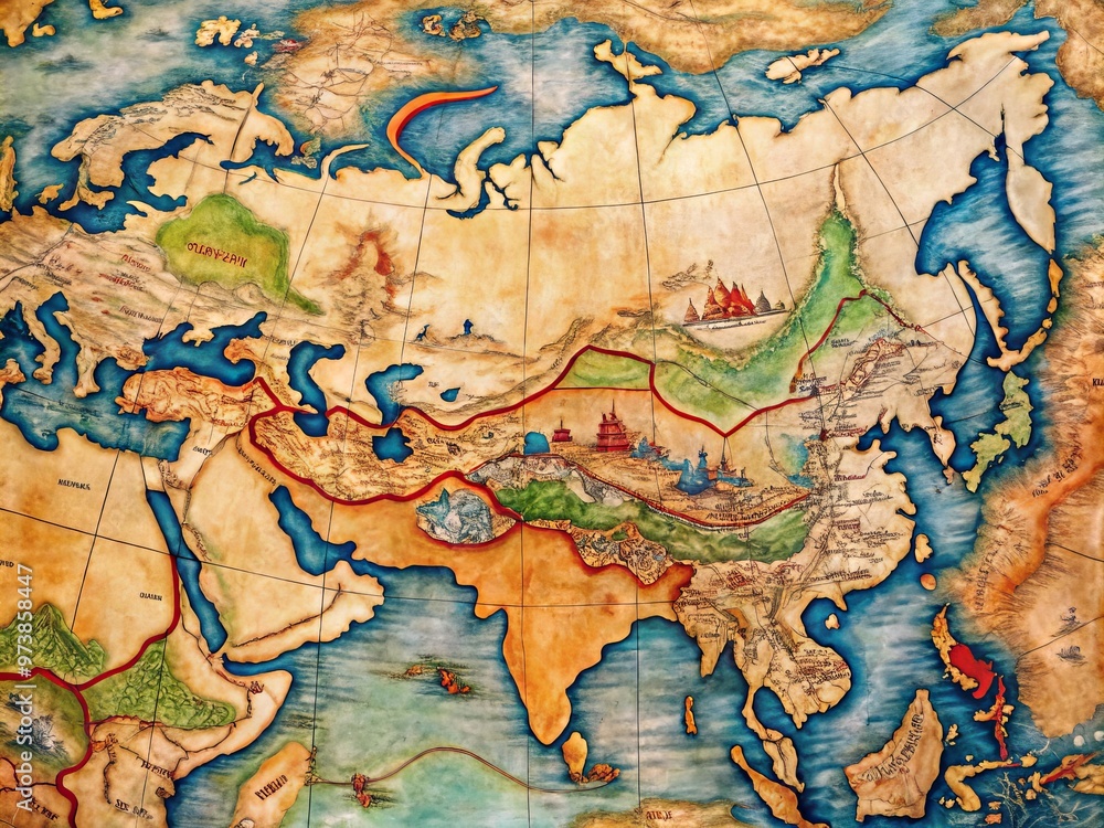 Ancient illustration of the Mongolian Empire's vast territories ...