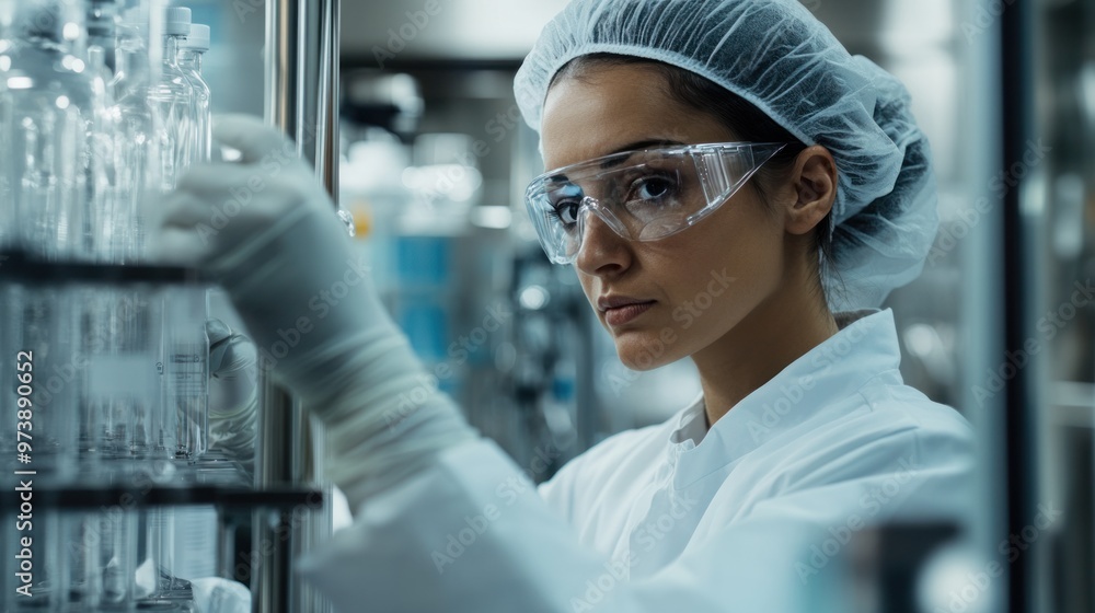 A biopharmaceutical scientist in a cleanroom setting, meticulously ...
