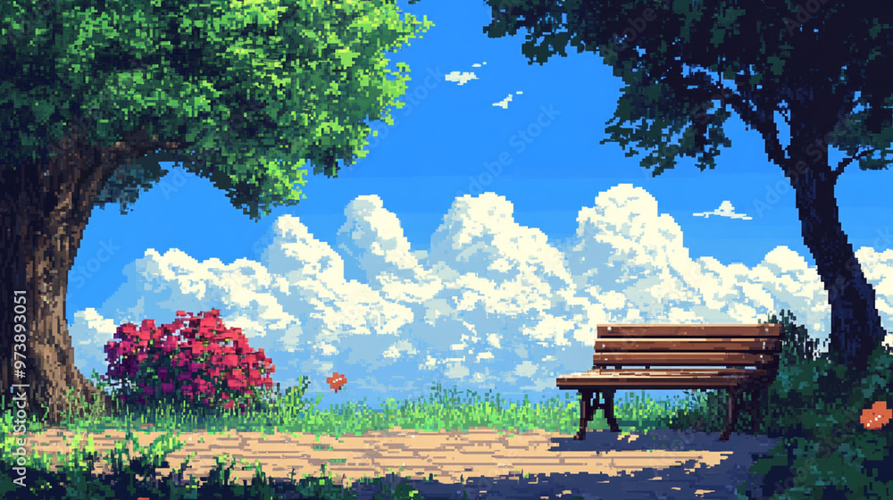 2d pixel art of park, garden, blue sky, bench, flower, game art, 16-bit ...